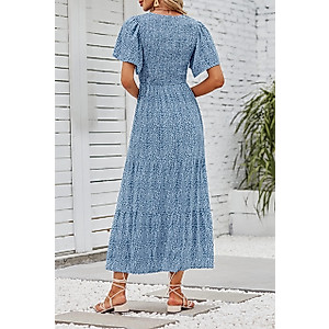 ZESICA Women's 2025 Summer Casual Floral Print Short Flutter Sleeve Crew Neck Smocked High Waist Flowy Maxi Dress,Blue,Large