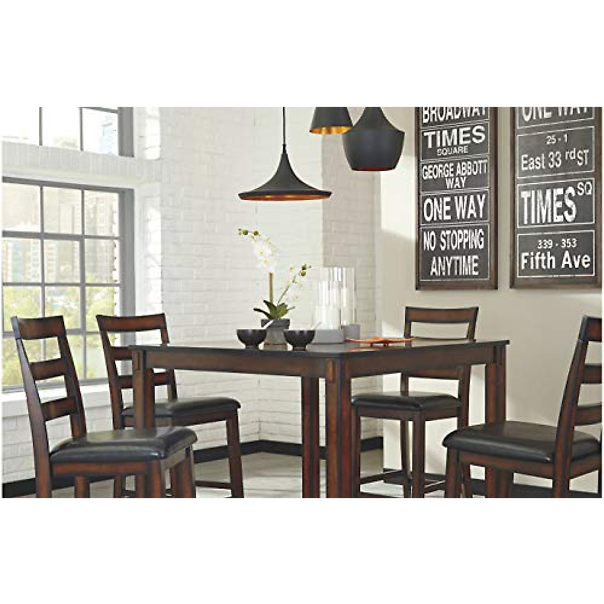 Signature Design by Ashley Coviar 6 Piece Dining Set, Includes Table, 4 Chairs & Bench, Dark Brown & Coviar 5 Piece Counter Height Dining Set, Includes Table & 4 Barstools, Brown