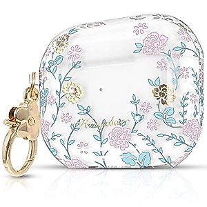 KINGXBAR Compatible with AirPods 3rd Generation Case, Cute Floral Clear Soft TPU Shockproof Protective Cover for Women Girls with Keychain for Apple AirPods 3 2021 Charging Case (Blue)