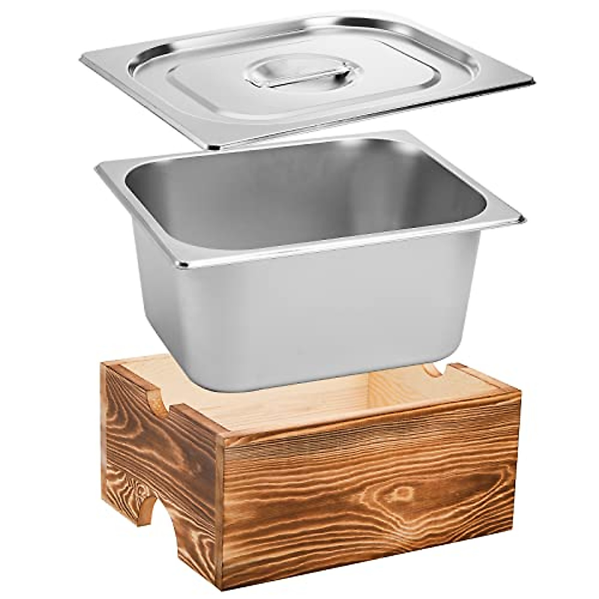 Frcctre Kitchen Compost Bin, 2.1 Gallon Countertop Compost Bin with Lid and Pinewood Box, Smell Proof and Rust Proof Stainless Steel Insert, Indoor Large Compost Bin Kitchen Counter