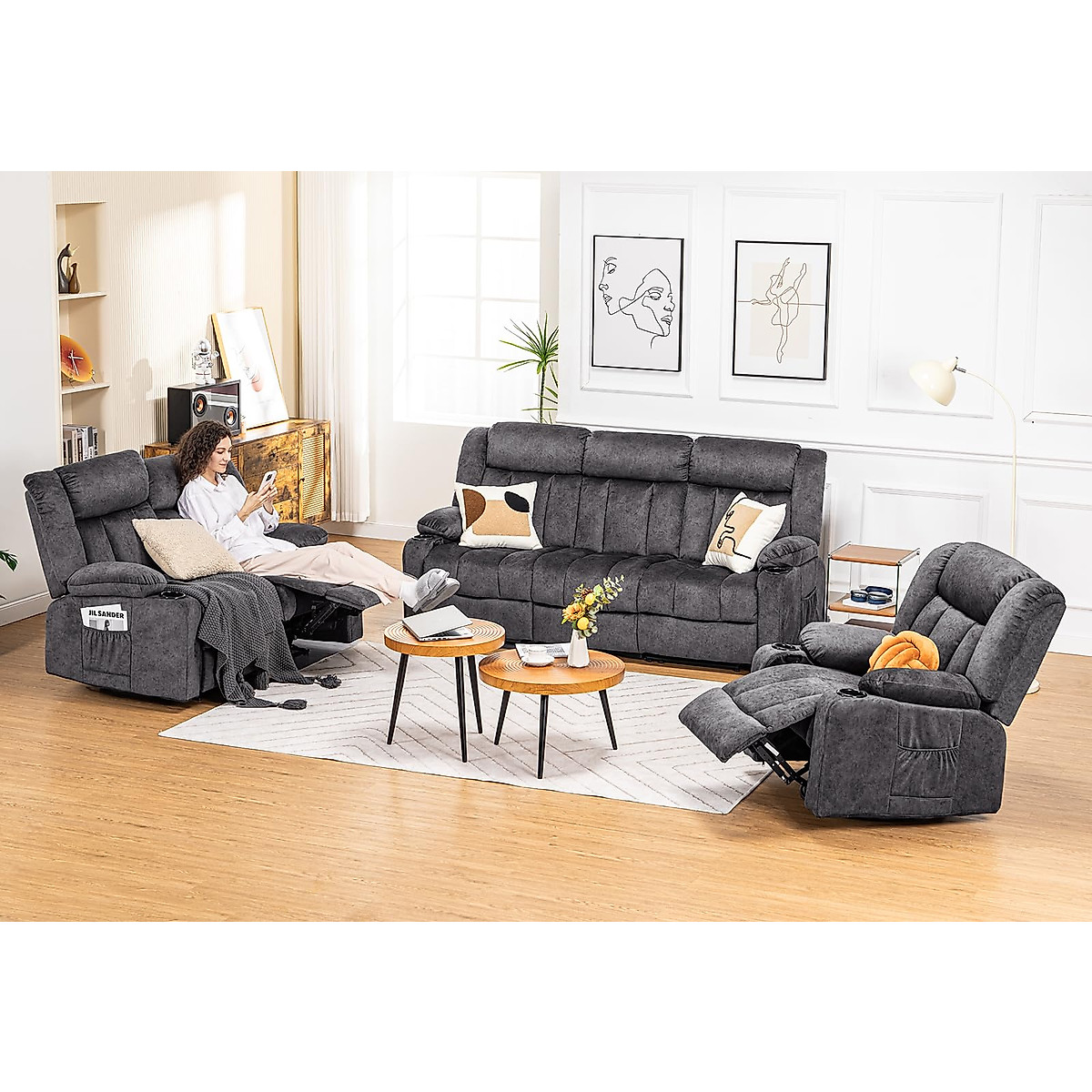 COMHOMA Manual Recliner Chair Set，Fabric Reclining Sofa Chair with Cup Holders, Upholstered Recliner with Side Pockets Suitable for Living Room Furniture (3+2+1)