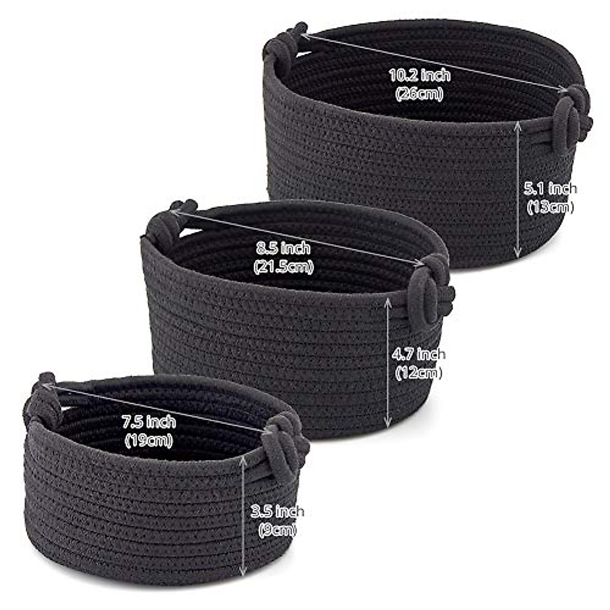 EZOWare Set of 3 Small Nursery Round Cotton Rope Knit Basket Cubes, Woven Storage Organizer Bins for Changing Table, Kids Baby Closets, Room Decor, Dog Cat Toys, Towels, Gift Baskets Empty - Black