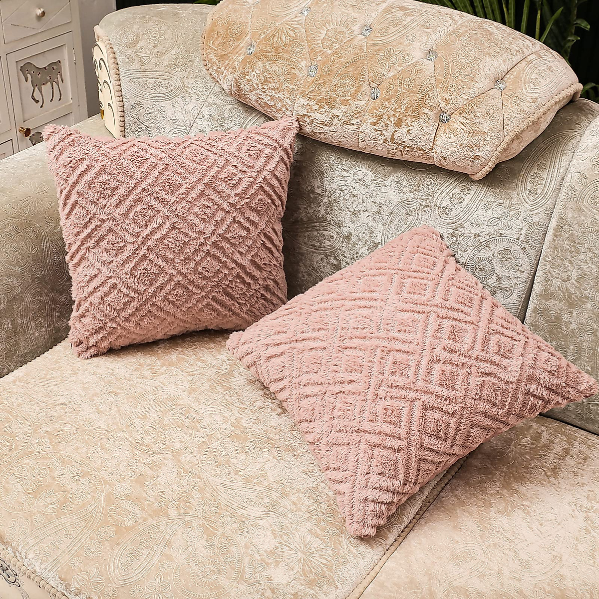 ETASOP Set of 2 Couch Pillows with Inserts 18x18, Spring Decorative Pillow Covers Velvet Throw Pillows with Inserts Included Farmhouse Cushions (Pink)