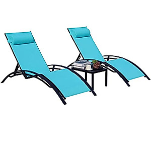 LUKEO 3Pcs Sun Lounger Recliner Set Aluminum Chaise Lounges,Reclining Chair with 5 Adjustable Backrest, Head Cushion, Table for Garden
