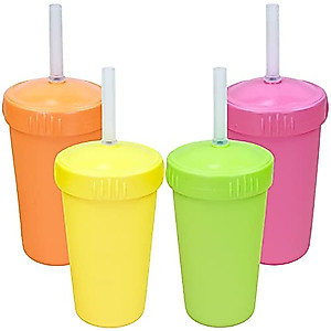 Re-Play Made In USA 10 oz. Straw Cups with Silicone Locking Straws - Made from Heavyweight Recycled Milk Jugs - Citrus - Pack of 4