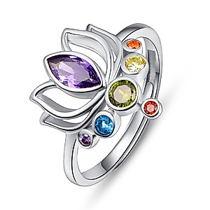 TANGPOET Chakra Rings for Women Lotus Flower Adjustable Rings S925 Sterling Silver Healing Jewelry Reiki Meditation Gifts for Her Yoga Lovers