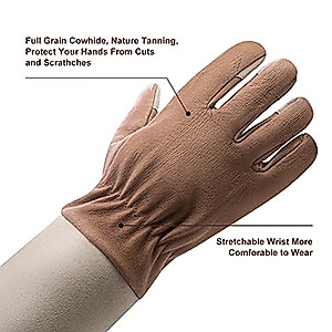 Gardening Gloves for Women & Men, Leather Long Sleeve Rose Pruning Gloves, Thorn Proof Garden Work Gauntlet Animal Handling Gloves (Medium, Light Brown)