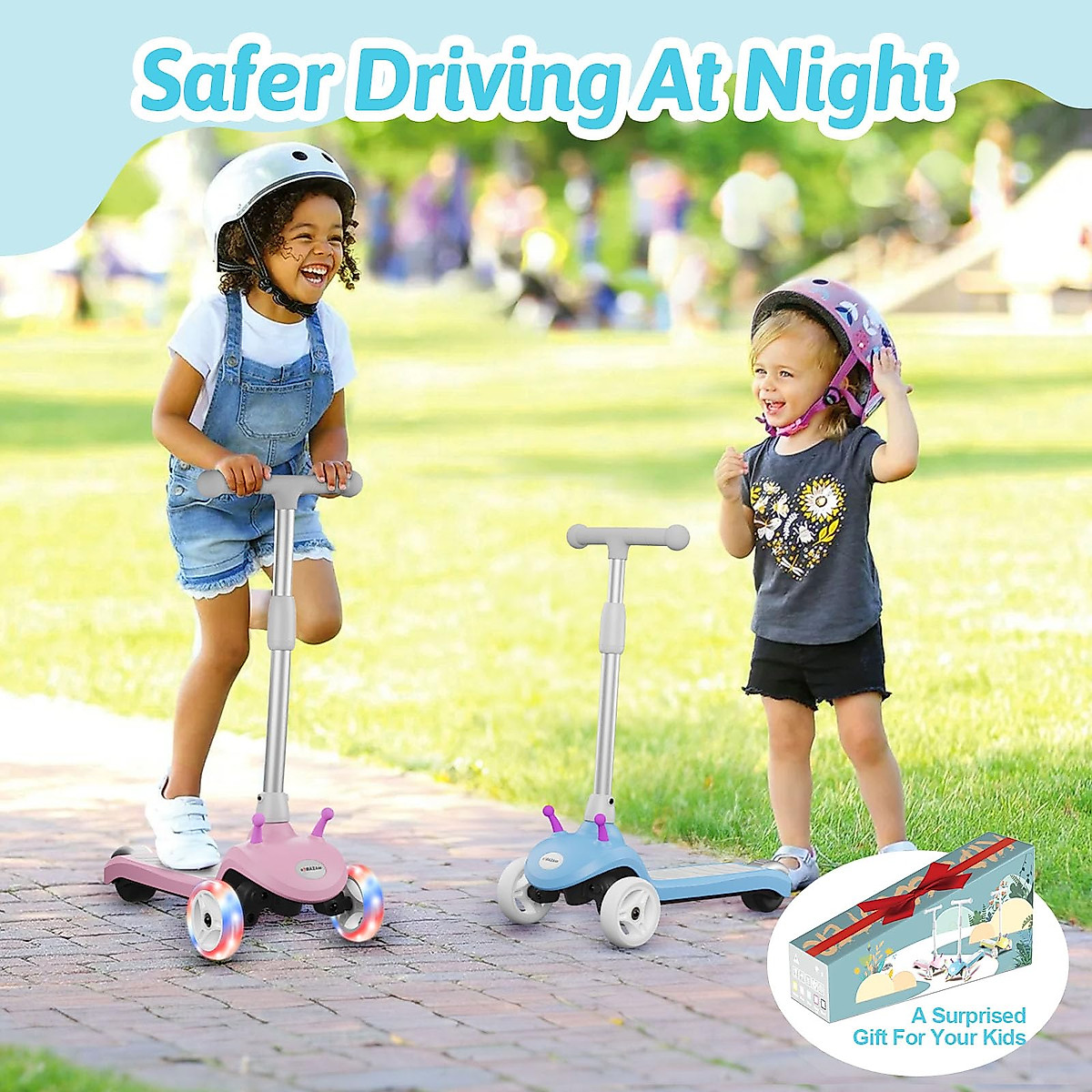 Electric Scooter for Kids Gobazaar, LED Light-up Wheels, 3 Height Adjustable, C-Shaped Handle, Lean-to Steer Design, 3 Wheel Scooter for Kids 2-10Y, Best Children's Gifts