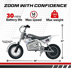 Razor MX400 Dirt Rocket 24V Ride On High-Torque Electric Motocross Motorcycle Toy Dirt Bikes, Speeds up to 14 MPH, for Ages 13+, 1 White & 1 Green