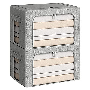 Clothes Storage Bins Box - Linen Fabric Foldable Stackable Container Organizer Set with Clear Window & Carry Handles & Metal Frame - 2Pack Large Capacity for Bedding, Blankets, Toys, Books (Light Grey, Medium-36L)