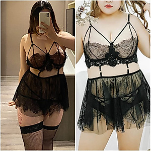 SPORCLO Plus Size Lingerie for Women Lace Black Babydoll Sexy Mesh High Waisted Nightdress Strappy Exotic Sleepwear (X-Large, Black)