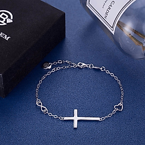 BlingGem Cross Bracelet for Women Sterling Silver Sideways Cross Dainty Religious Symbol Faith God Blessed Confirmation Baptism Jewelry Gifts for Women