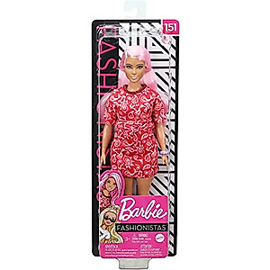 Barbie Fashionistas Doll #151 with Long Pink Hair Wearing a Red Paisley Top & Skirt, White Sneakers & Scrunchie Bracelet, Toy for Kids 3 to 8 Years Old