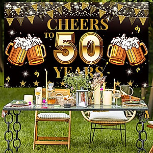 Cheers to 50 Years Backdrop Banner, Happy 50th Birthday Decorations for Men Women, 50th Anniversary Decorations, 50th Reunion, Black Gold 50 Years Celebration Party Decor, Vicycaty (6.1ft x 3.6ft）
