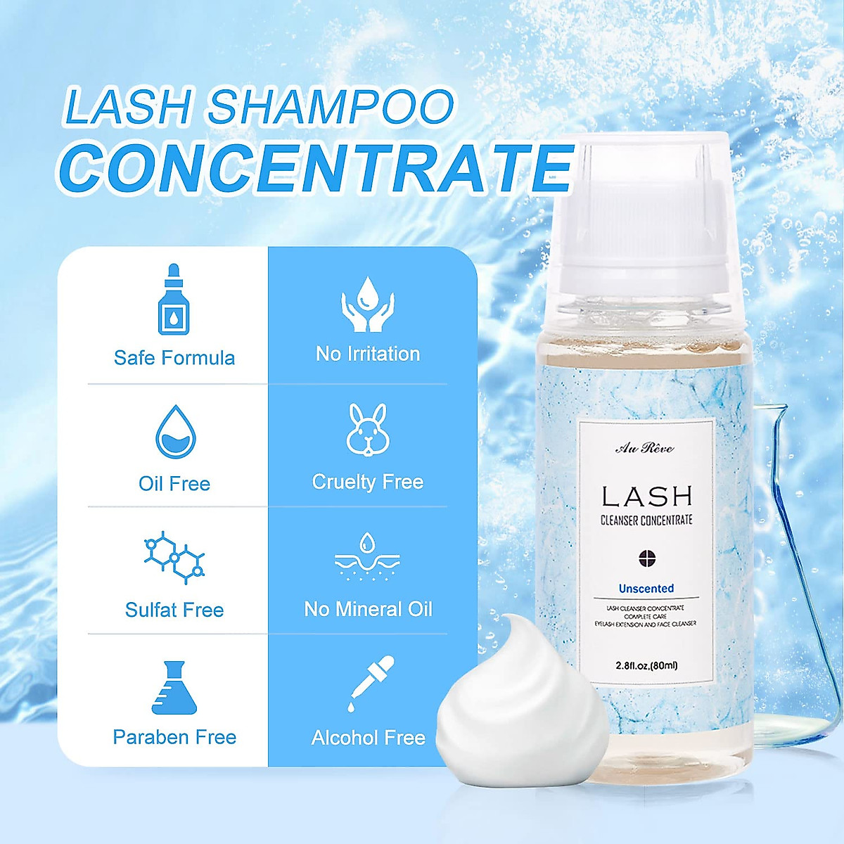 AuReve Lash Shampoo for Lash Extensions Eyelash Cleanser Concentrate 80ml Lash Extension Cleaner, Non-lrritating Cleaning Kits, Lash Bath Lash Soap Lash Shampoo Kit (Unscented)