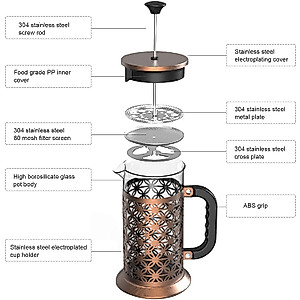 CKductpro French Press Coffee Maker, Coffee Presses 2 In 1 Travel Coffee & Tea Pot 1000ML,3 layers of filter element + 2 layers of spare filter element,with cleaning brush,Two-way water outlet,gold