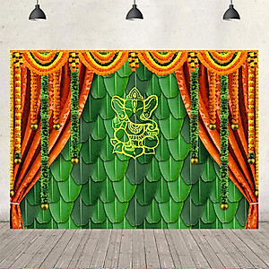 Ticuenicoa 6x4ft India Pooja Traditional Photography Backdrop Banana Leaf Green Chatiya Ganesh Background Puja Ganpati Pooja Mehndi backdrops Decorations Wedding Party Marigold Garlands Photo Props