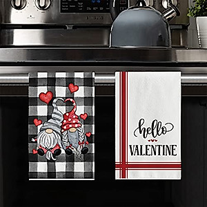 Artoid Mode Buffalo Plaid Gnomes Truck Hello Valentine Kitchen Towels Dish Towels, 18x26 Inch Seasonal Valentine's Day Decoration Hand Towels Set of 4