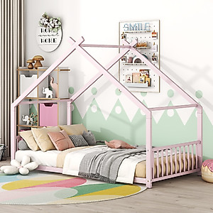 KTATK Metal Twin Size House Bed with Roof and Slats Support,Playhouse Design Montessori Floor Bed Frame W/Headboard & Footboard,No Box Spring Needed,for Kids Girls Boys,Pink