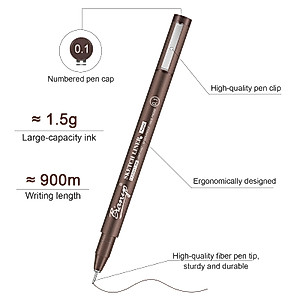 Bianyo Sepia Pigment Ink Micro-Pen Fineliners, 9 Assorted Sizes with a Zipper Pouch, Water-Resistant Archival Ink Pens for Drawing, Sketching, Bullet journaling, Note-taking, Accounting, Handwriting