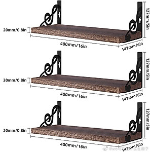 Floating Wall Shelves Set of 3, 16-Inch Solid Wood Floating Shelves Cat Climbing, Wall Mounted Shelf Organizer for Living Room, Bedroom, Kitchen, Bathroom, Office (Carbonized-Brown)