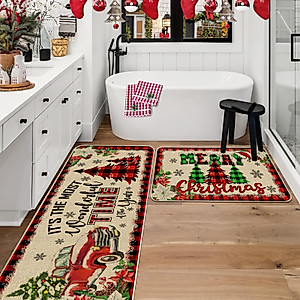 cusugbaso Christmas Kitchen Mats, Merry Christmas Kitchen Rugs Set of 2 - Red Buffalo Plaid Christmas Kitchen Decor - Truck Christmas Decorations for Bathroom,Floor,Indoor,Home 17"x27+17"x47"