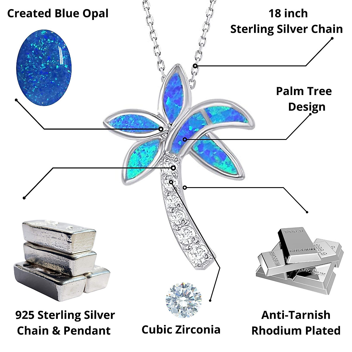 Beaux Bijoux Sterling Silver Simulated Opal Palm Tree Necklace for Women | CZ Diamond and Created Blue Opal Pendant Necklace with 18 inch Silver Chain
