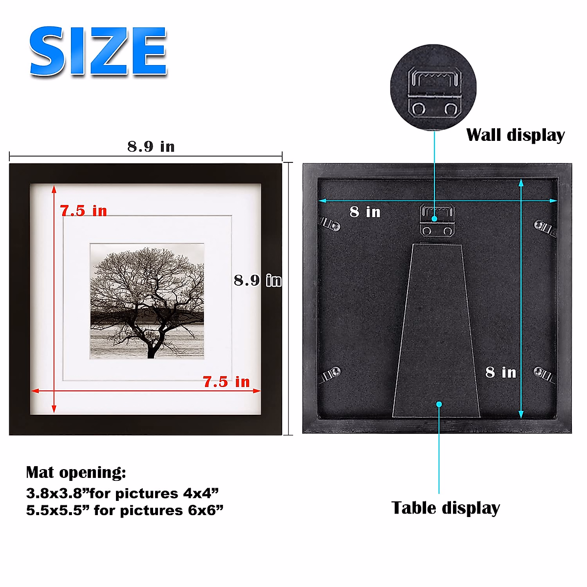 Egofine 8x8 Picture Frames 4 PCS - Made of Solid Wood Covered by Plexiglass Display 4x4/6x6 with Mat or 8x8 without Mat, for Table Top Display and Wall Mounting Photo Frame Black