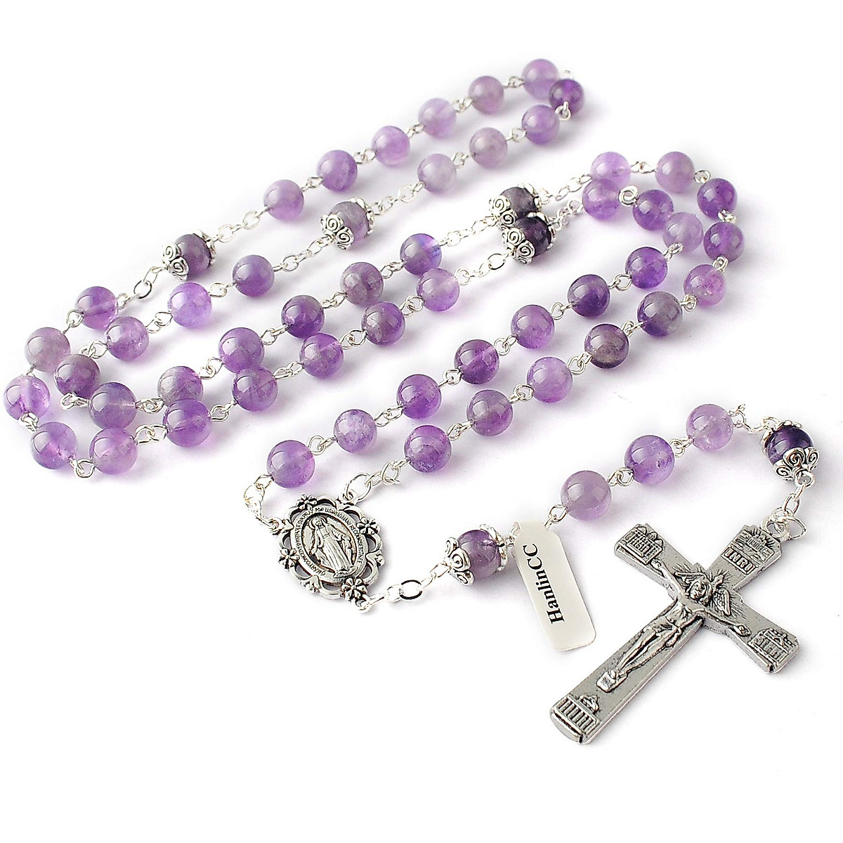HanlinCC 8mm Natural Real Amethyst Crystal 5 Dacade Fancy Miraculous Center Piece Rosary Necklace with Anti-Silver Catholic Crucifix Pack in Leather Gift Box