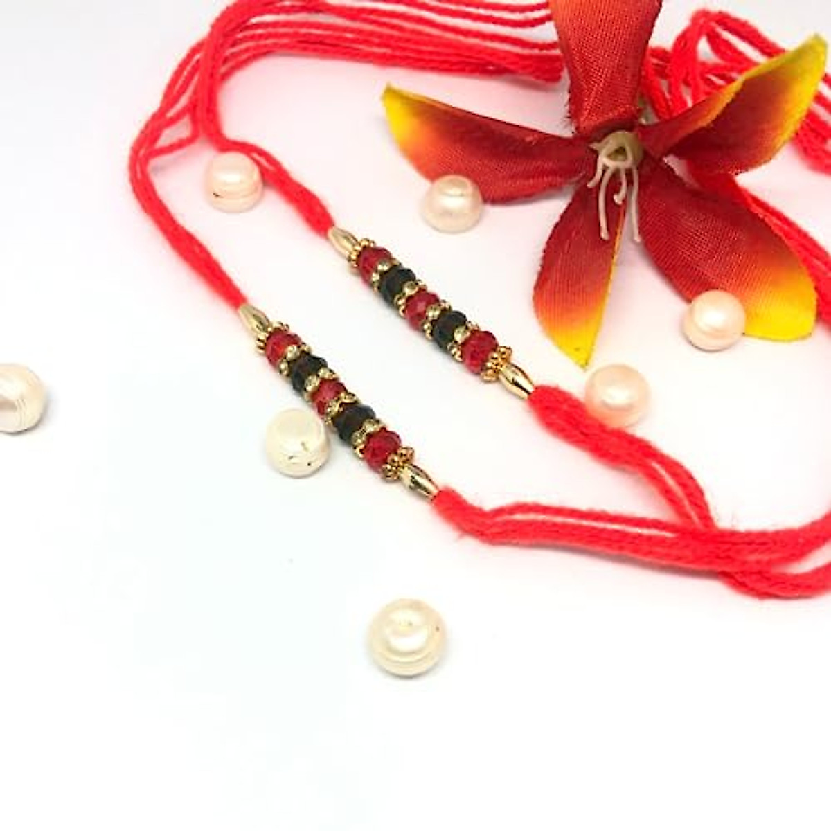 IndiaBigShop Rakhi for Bhaiya, 2 Ring Stone Brother Rakhee, Rakhi, Red-Green Crystal with Stone Rings Rakhi Thread- Set of 2