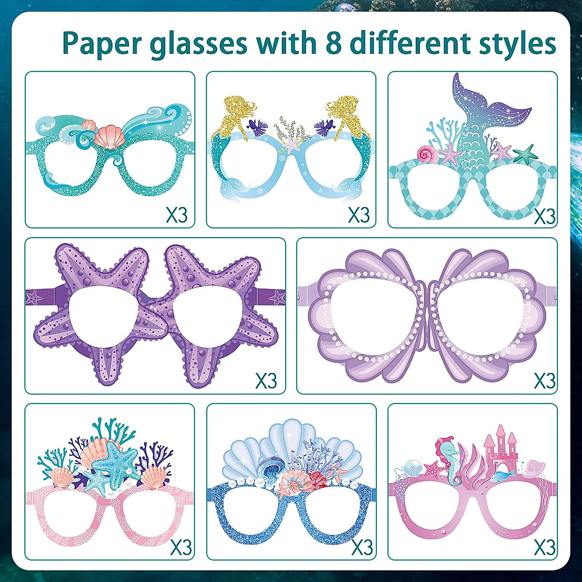 Tenare Mermaid Party Decorations Paper Mermaid Themed Paper Eyeglasses Summer Beach Paper Photo Booth Props(Cute Style, 24 Pieces)