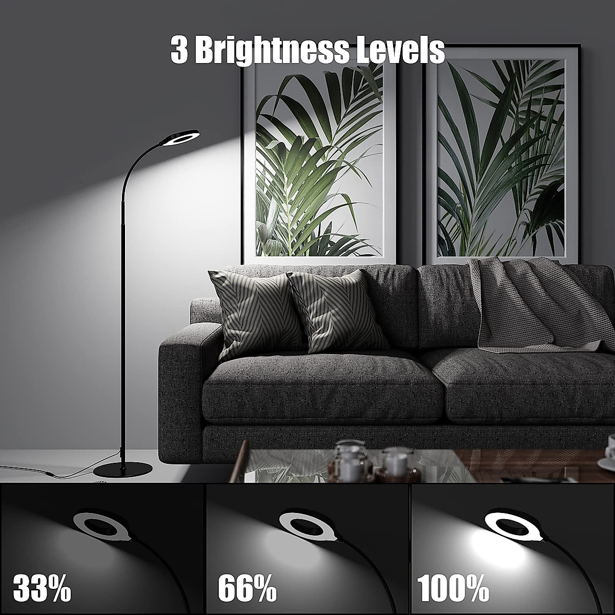 JKSWT LED Floor Lamp, 3 Brightness Levels Eye-Caring Dimmable Standing Reading Lamp 4000K Colors temperatures with Adjustable Gooseneck for Living Room Bedroom Reading - Black