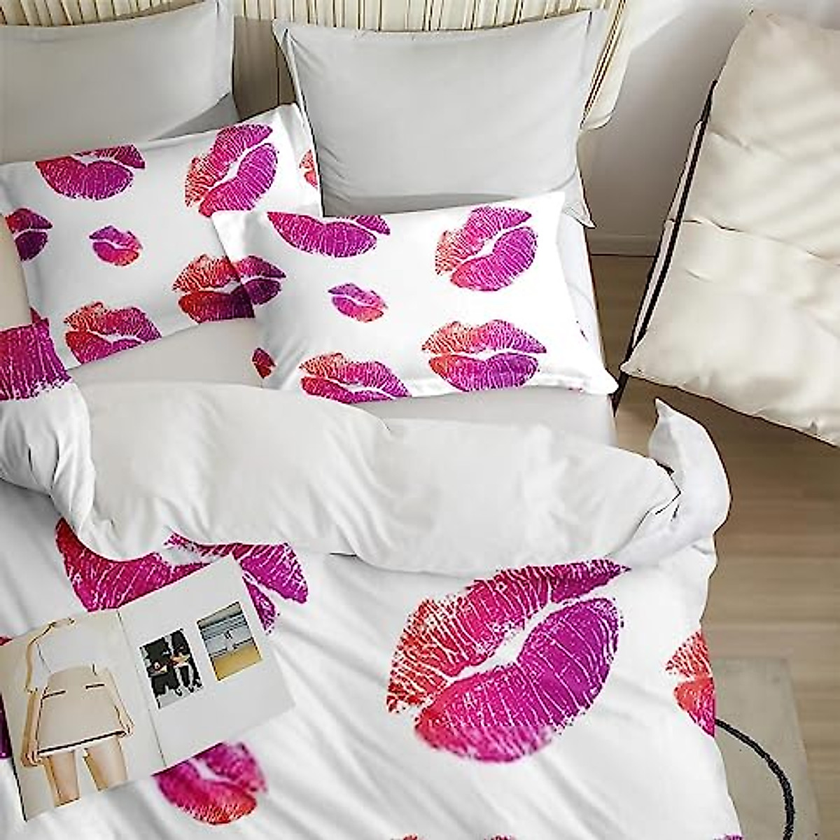 Duvet Cover Queen Size, Red Pink Sexy Makeup Bedding Set with Zipper Closure for Kids and Adults, Woman Valentine Purple Comforter Cover with 2 Pillow Shams for Bedroom Bed Decor