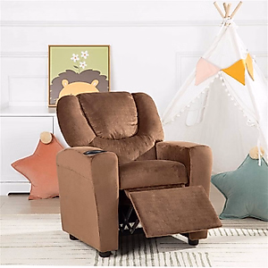 Naomi Home Suri Push Back Kids Recliner Chair with Footrest & Cup Holders, Push Back Toddler Recliner with Cup Holder, PVC Kids' Recliners for Age 3+, Kid Recliners for Girls Boys - Brown