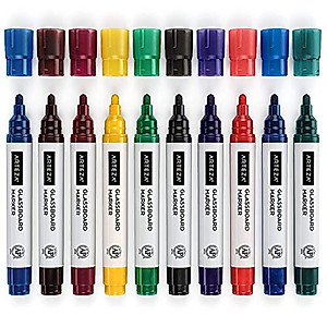 ARTEZA Glass Board Dry Erase Markers, Pack of 10 Colors, Low-Odor Ink, Erasable Mirror and Window Markers, Office Supplies for Whiteboards, School