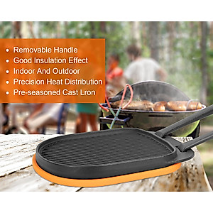 MixRBBQ Cast Iron Skillet Pan - Grizzler Pan with Silicone Mat and 2 Lifting Handle, Pizza Oven Pan for Ooni, Mimiuo Pizza Oven Accessories, BBQ Grilling, Camping Cookware