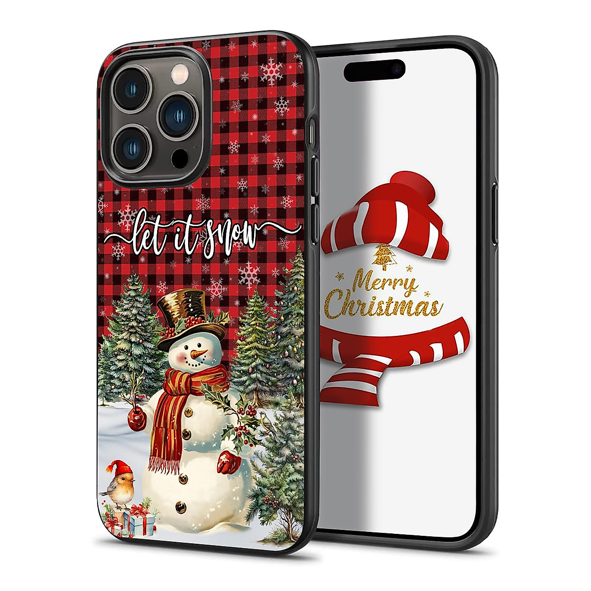 Christmas Red Plaid Snowman Cardinal Let It Snow Xmas Phone Case Compatible with iPhone 15 14 13 12 11 Pro Max|Samsung Galaxy S23 S22 S21 S20 FE|A14 A54 A53 A03S A13|Note 20 10|Z Flip 3/4