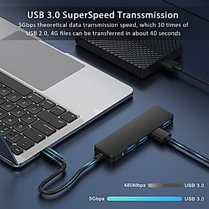 USB Hub for Laptop, 4-Port USB 3.0 Hub USB Splitter USB Extender for Laptop, MacBook, Mac Pro, Mac Mini, iMac, Surface Pro, XPS, PC, Flash Drive, Mobile HDD