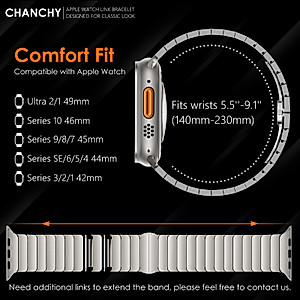 CHANCHY Stainless Steel Band for Apple Watch Ultra/Ultra 2 Link Bracelet 49mm 46mm 44mm 45mm, Metal Strap with Folding Clasp for Apple Watch Series 10 9 8 7 6 5 4 SE (Titanium, 49mm 46mm 45mm 44mm)