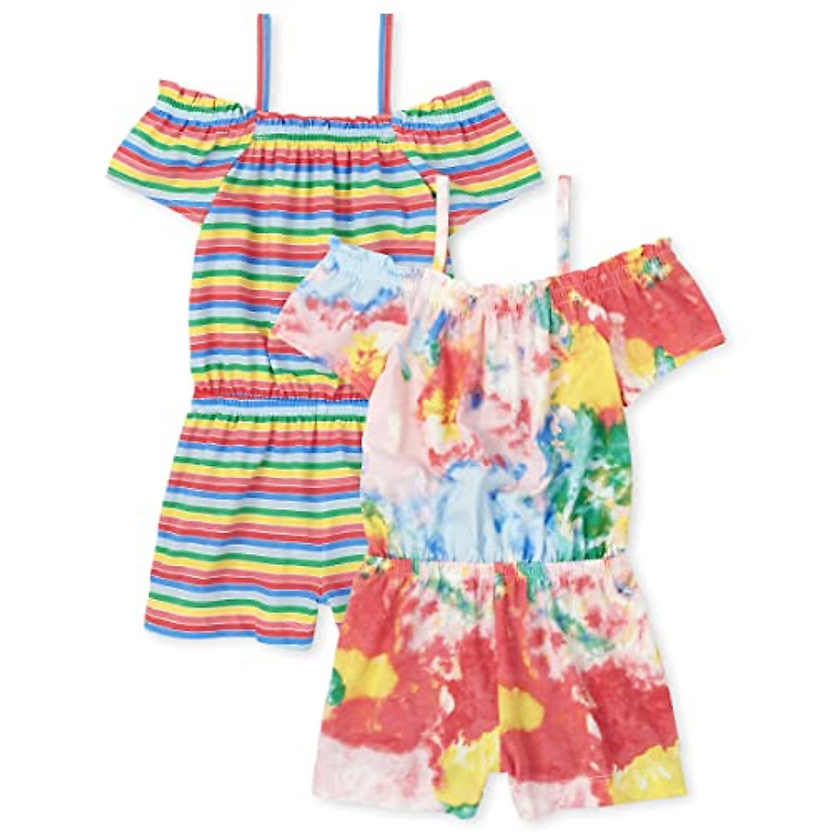 The Children's Place Baby Toddler Girls Print Off Shoulder Romper 2-Pack, Simplywht, 18-24 Months