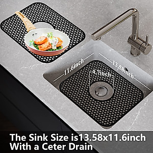 YUBIRD Sink Protectors for Kitchen Sink - 13.58"x 11.6" Sink Mat, 2 PCS Silicone Kitchen Sink Mat for Bottom of Stainless Steel Sink(Black, Ceter Drain)