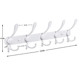 PHINGEER Coat Rack Wall Mount, Heavy Duty Coat Rack with 5 Tri Wall Hooks, Stainless Steel Coat Hooks for Hanging Coats, Jacket, Hanger, Hat, Bag, Towel, Purse (White, 2Packs)