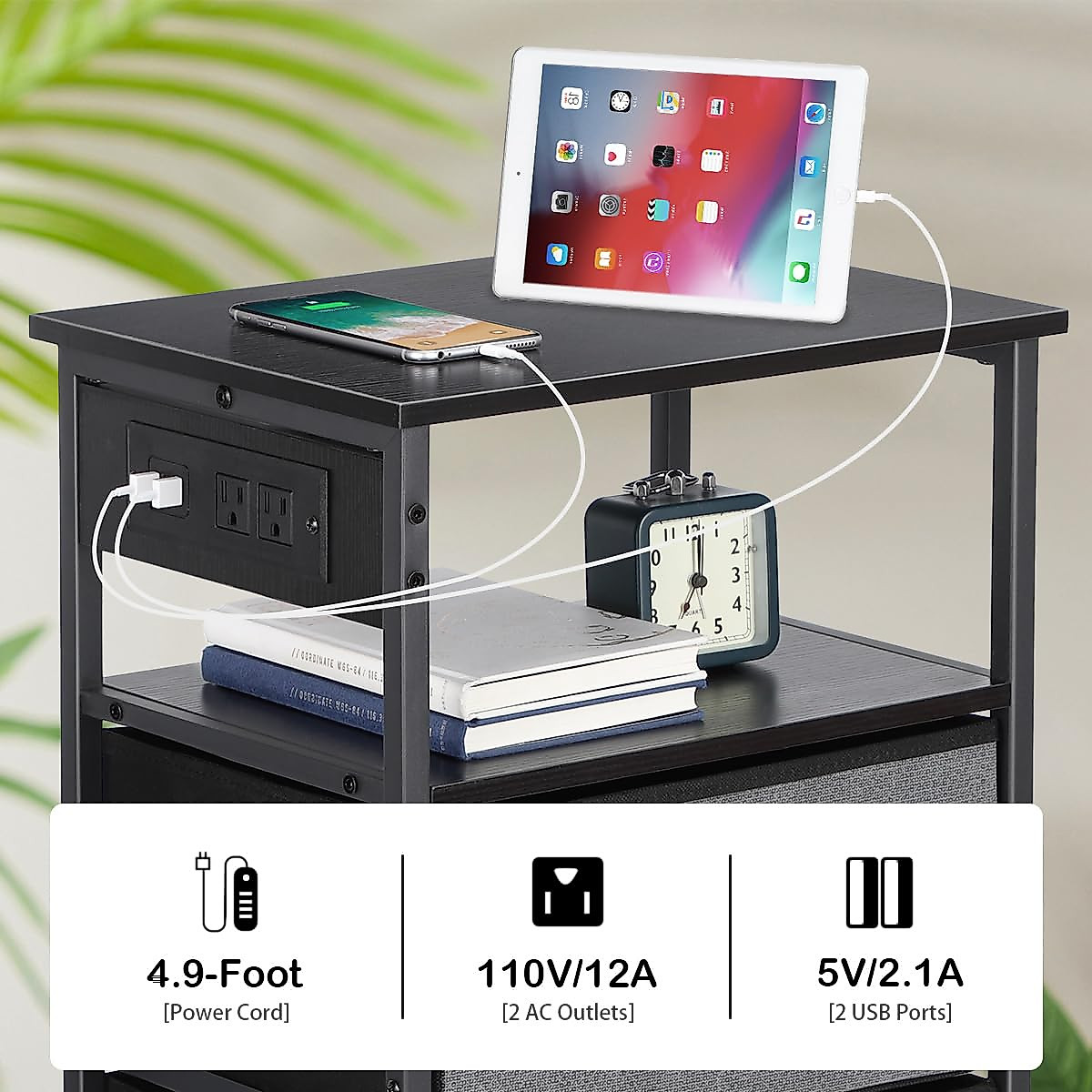 NANANARDOSO Nightstand with Charging Station, Small Bedside Table with 2 Fabric Drawers and Storage Shelf, Rustic End Table for Small Space Bedroom Living Room, Black