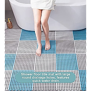 12 Pack 11.8" x 11.8" Interlocking Floor Tiles with Drain Holes Soft PVC Non Slip Shower Floor Mat Modular Interlocking Cushion Mat for Drain, Pool, Patio, Balcony, Kennel, Poultry, Floor Grid, Blue