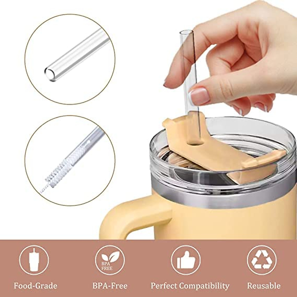 RaepperHan 6 Pack Reusable Replacement Straws for Stanley 40 oz Adventure Tumbler, Plastic Straws with Cleaning Brush, Compatible with Stanley 40oz Cup Water Jug (6* Plastic Straws for 40 oz), RH012