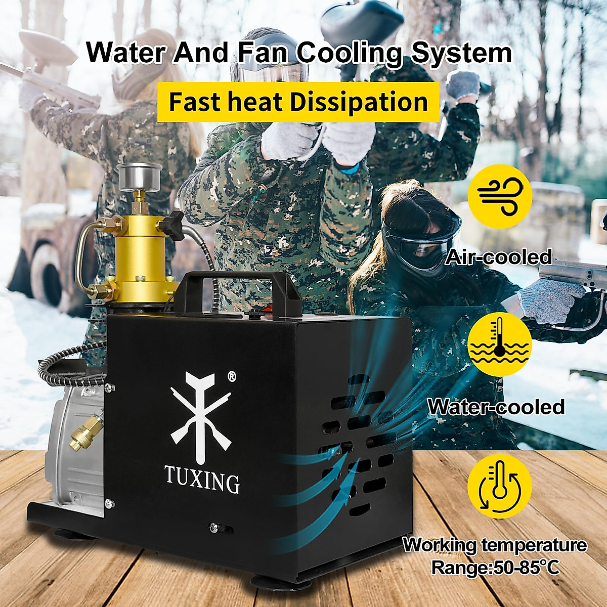 TUXING Pcp Air Compressor,4500Psi/30Mpa/300Bar Scuba Compressor, Manually Shutoff Electric Compressor with Water/Fan Dual Cooling System for Pcp Air Rifle, Scuba Tank Charging