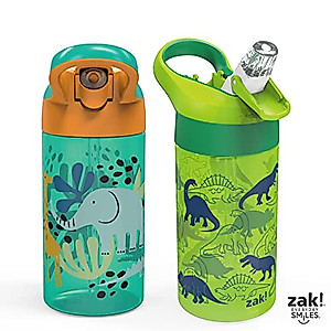 Zak Designs 16oz Riverside Kids Water Bottle with Spout Cover and Built-in Carrying Loop, Made of Durable Plastic, Leak-Proof Design for Travel (Dino Camo & Safari, Pack of 2)