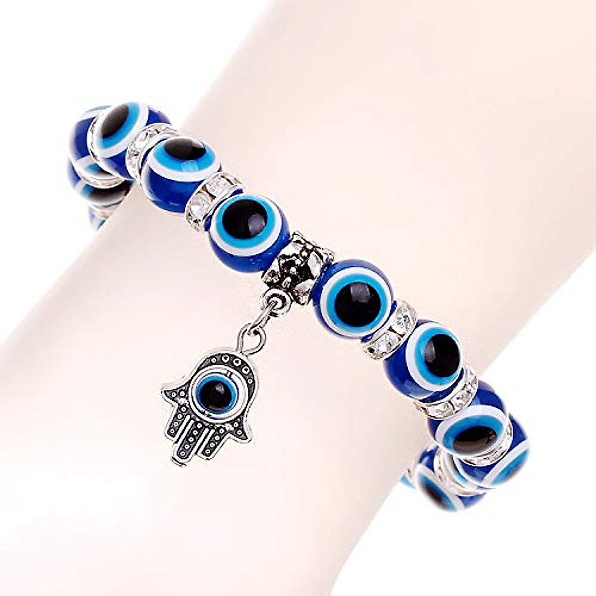 CJIAYUJEW 3pcs Evil Eye Bracelet Chakra Crystal Bracelets Set,Evil Eye Hamsa Blue Beaded Charm Stretch Bracelet for Protection and Blessing (Blue, Zinc Alloy)