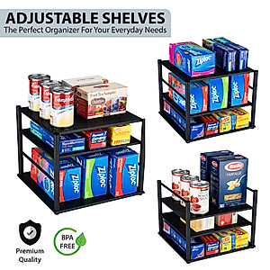 Kitchen Cabinet Organizer – Full Metal 3-Tier Black Pantry Organizer with Adjustable Shelves – Kitchen Foil and Plastic Wrap Organizer for RV, Camper, Home Organization and Storage – 12 x 11.25 inch