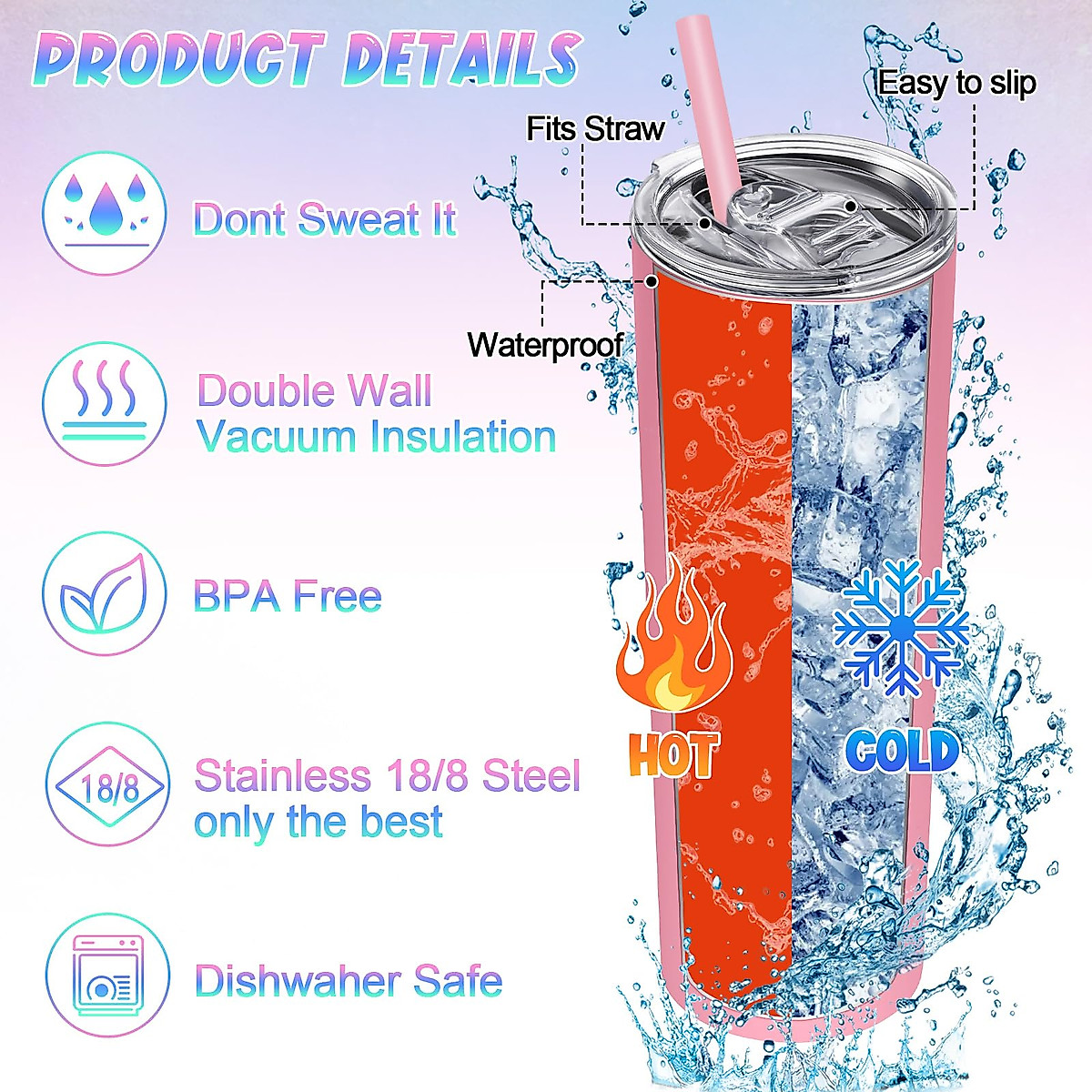 Potchen 12 Pcs Insulated Tumblers Bulk Skinny Tumbler with Lids and Straws 20 oz Blank Stainless Steel Travel Slim Cups Individually Gift for Coworkers Kids Students, 12 Colors